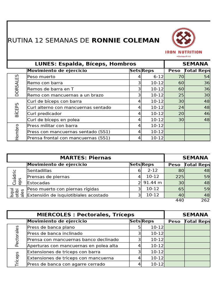 Ronnie Coleman Workout Routine Spreadsheet | PDF | Soft Tissue | Elbow