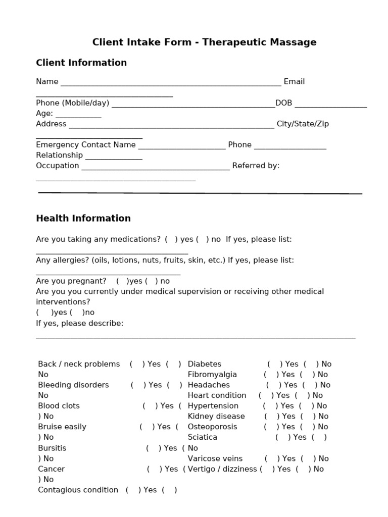 Massage Intake Form V1 | PDF