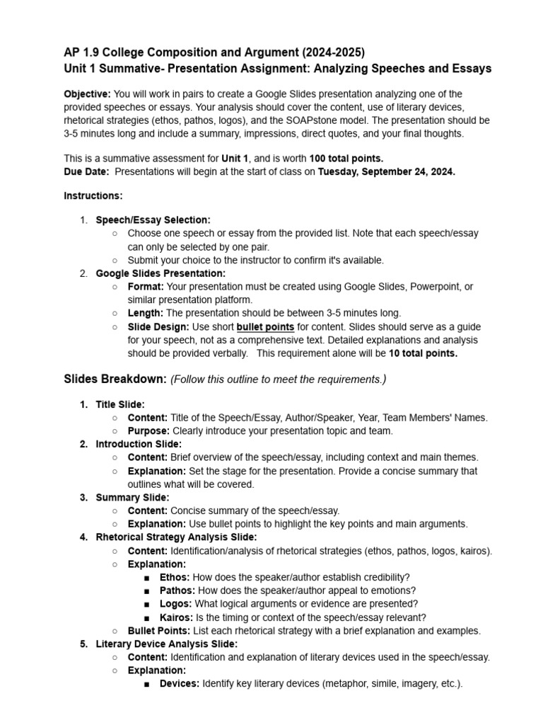 Assignment Description - Summative Presentations - Analyzing Speeches ...