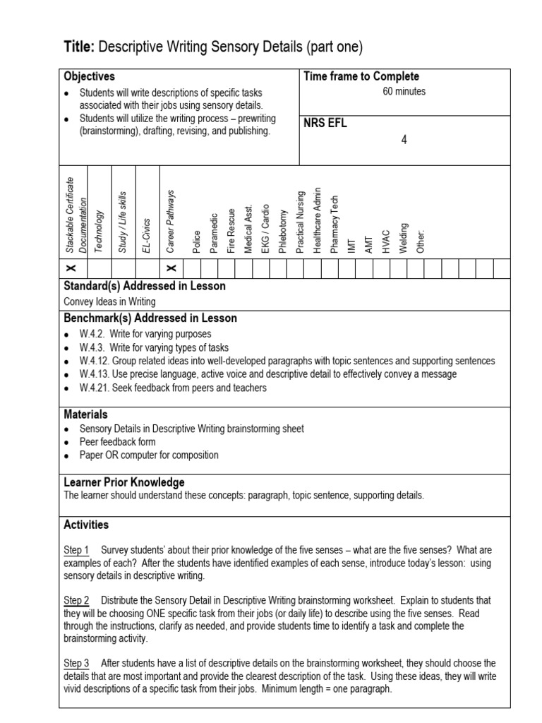Descriptive Writing (Sensory Details, Part One) | PDF | Experience ...