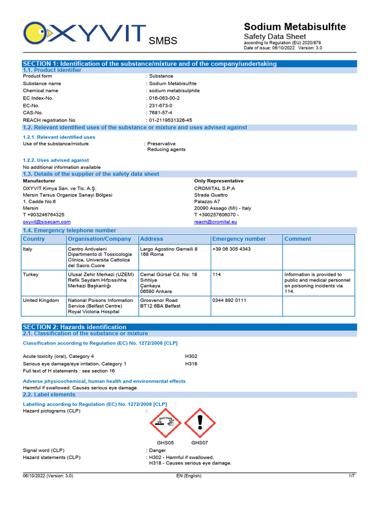 Sodium Metabisulfıte - MSDS | PDF