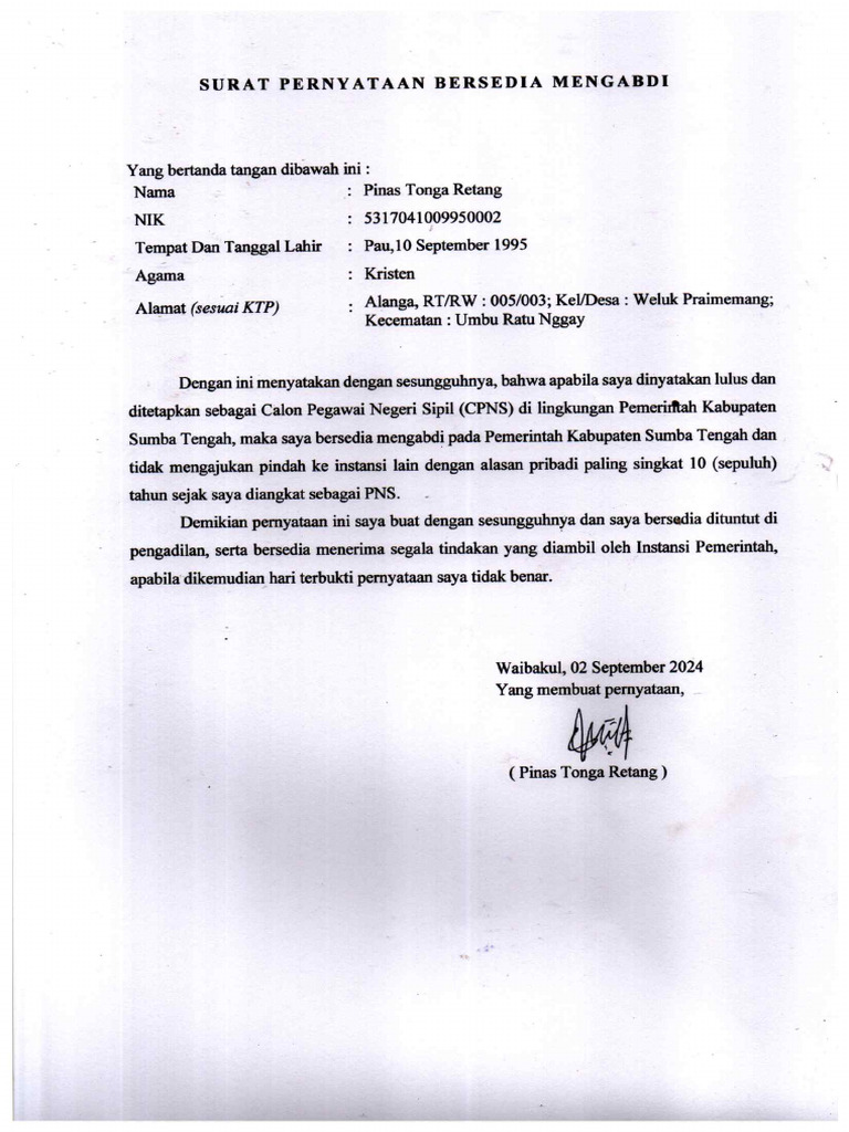 surat pernyataan siap mengabdi | PDF