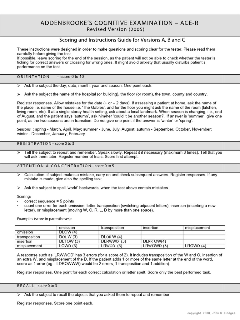 Addenbrooke's Cognitive Examination (Anglais) | PDF