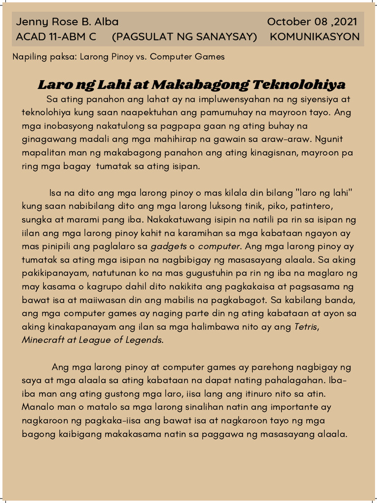 Alba, Jenny Rose B. ACAD 11-ABM C Sanaysay (WEEK 4) | PDF