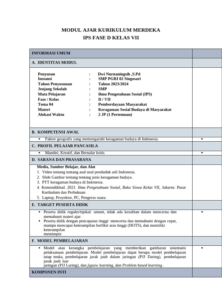 Modul Keragaman Sosial Budaya Ips7 | PDF