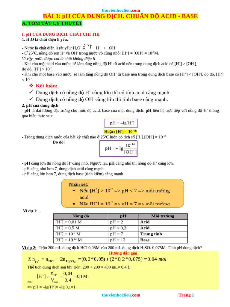 3 Ly Thuyet Va Bai Tap PH Cua Dung Dich. Chuan Do Acid Base | PDF