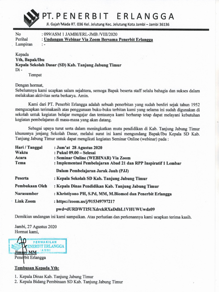Surat Undangan Webinar Via Zoom Bersama Penerbit Erlangga | PDF