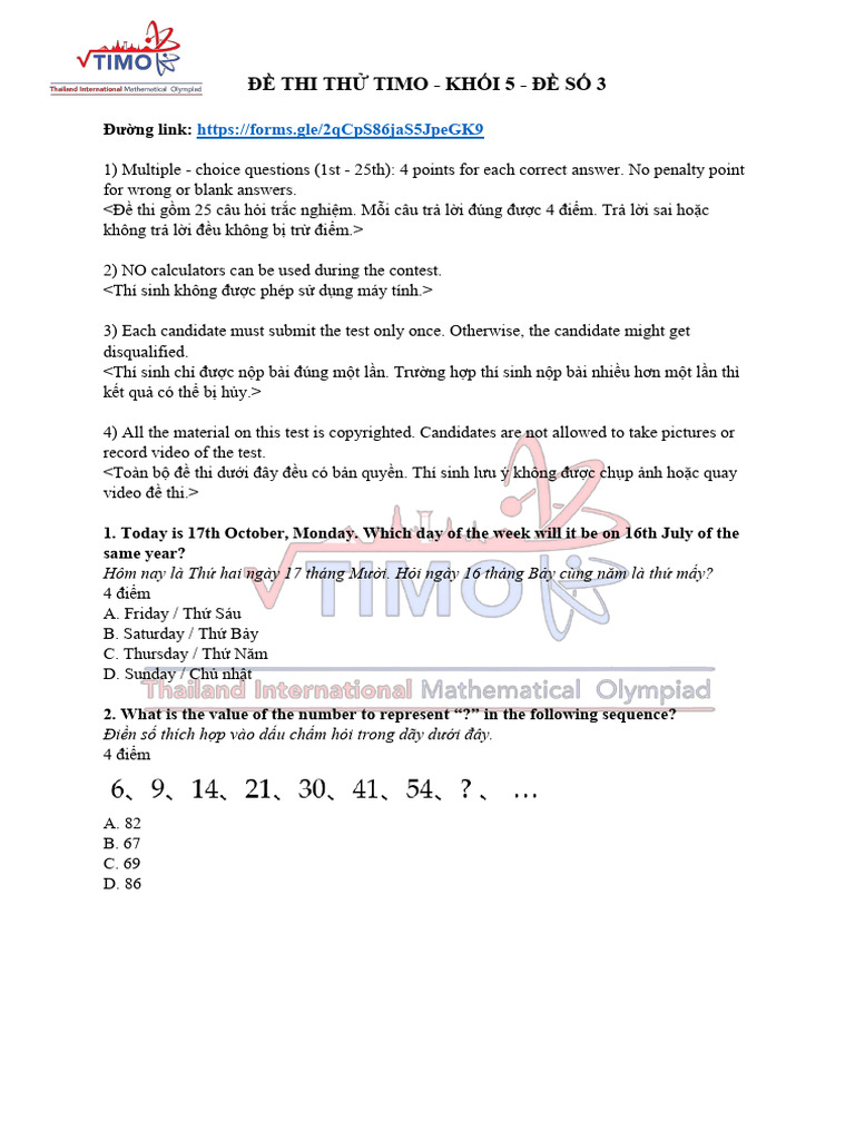 ĐỀ THI THỬ TIMO 5 - Đề 3 | PDF