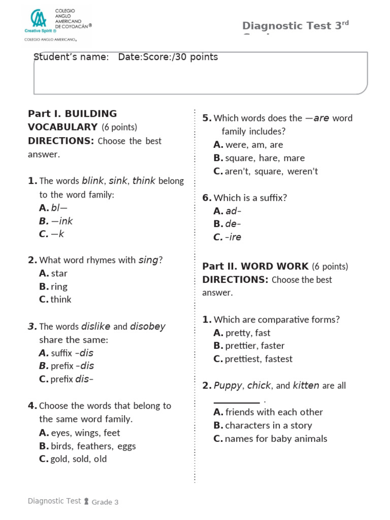 Diagnostic Student Americano 3rd Grade | PDF | Subject (Grammar) | Linguistic Typology