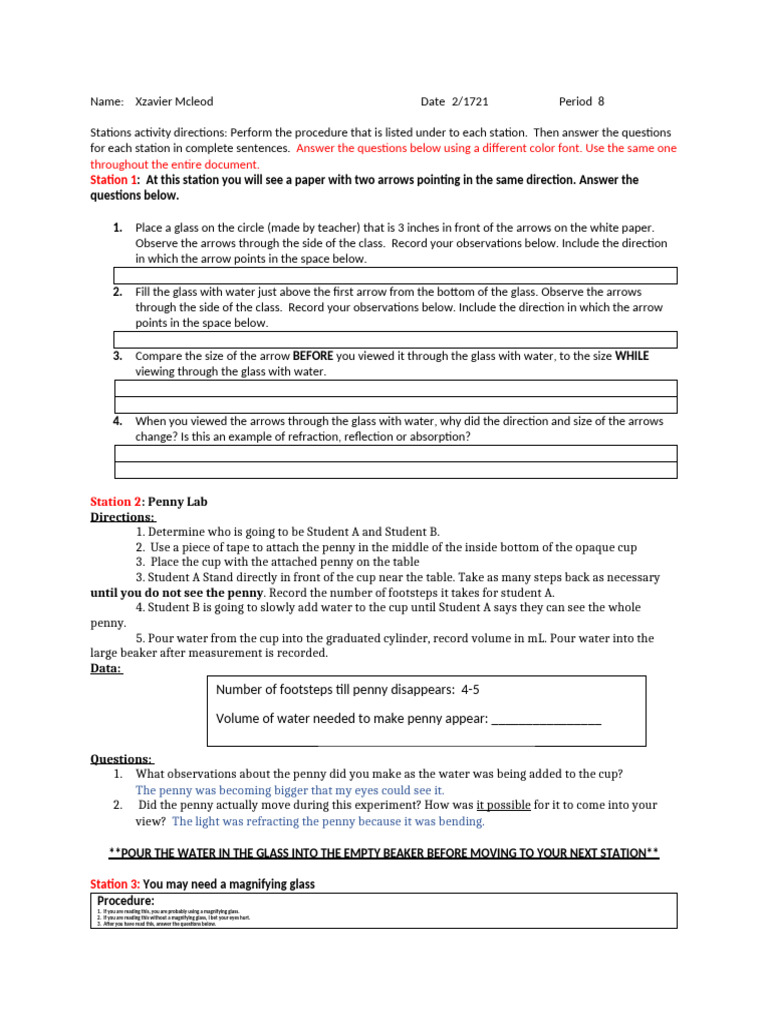 7th Grade Waves Stations Lab Reynolds | PDF