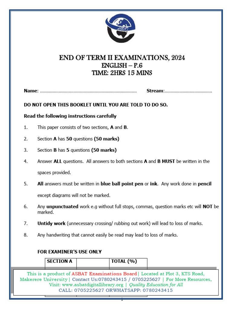 Asbat Examination English p.6 Eot 2 2024 | PDF
