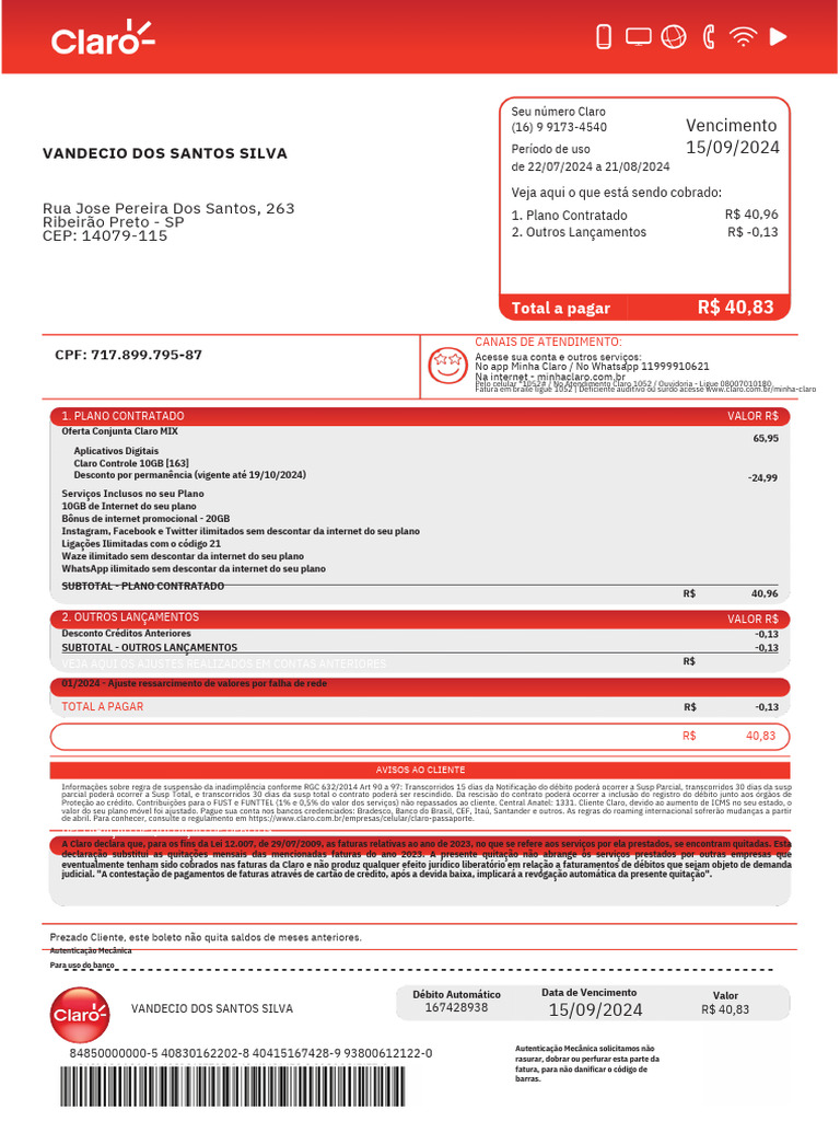 Minha Claro Fatura 1 PDF | PDF