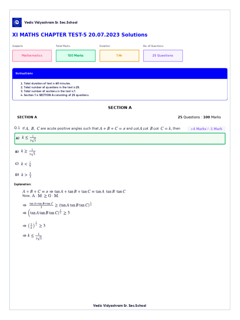 Xi Maths - 5 20.07.2023 Jee Solutions | PDF