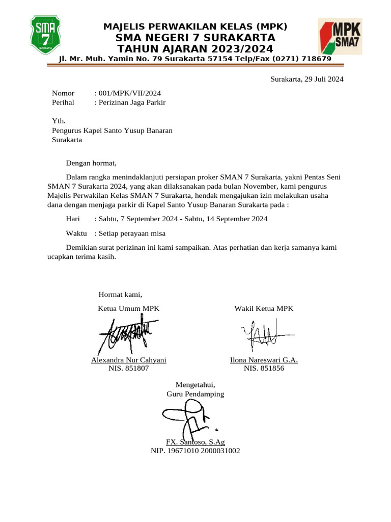 Surat Ijin Parkir MPK Sma7 | PDF