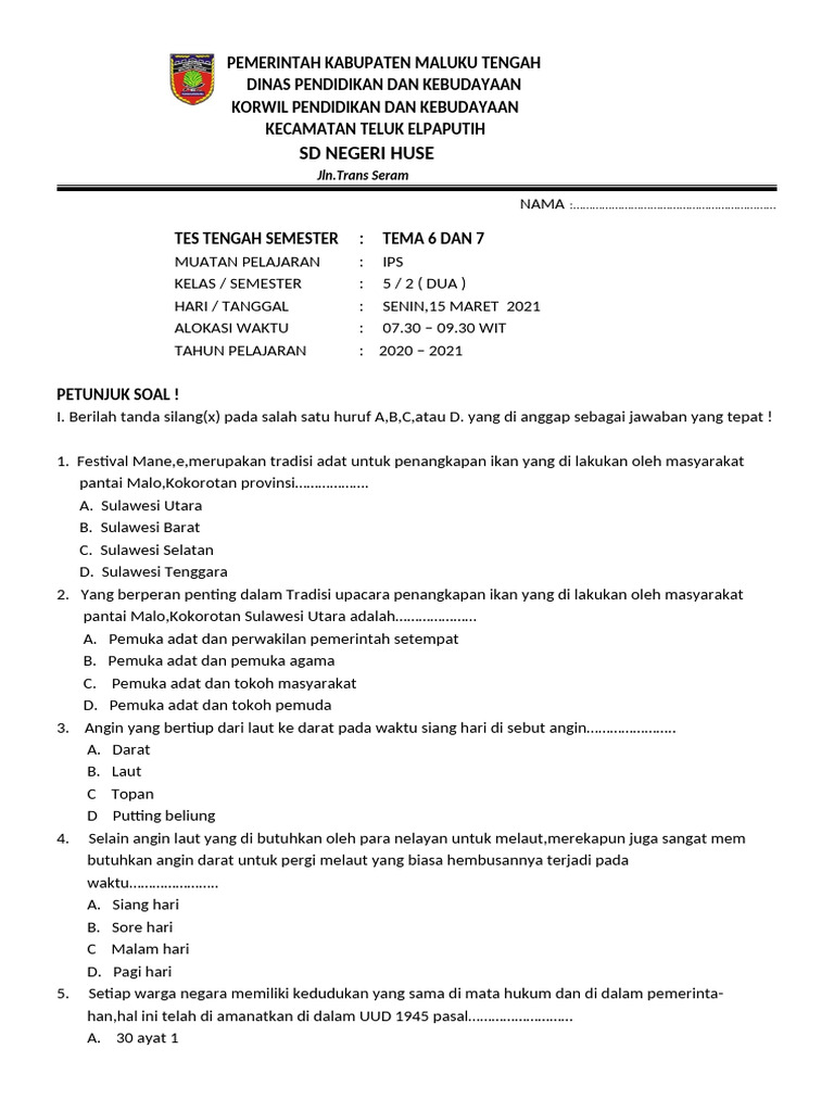 Soal TTS Tema 6 Dan 7 Mapel Ips KLS 5 SMT 2 | PDF