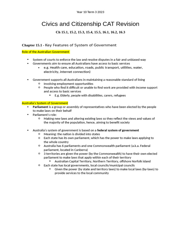 Civics and Citizenship CAT Revision T3 YR 10 | PDF
