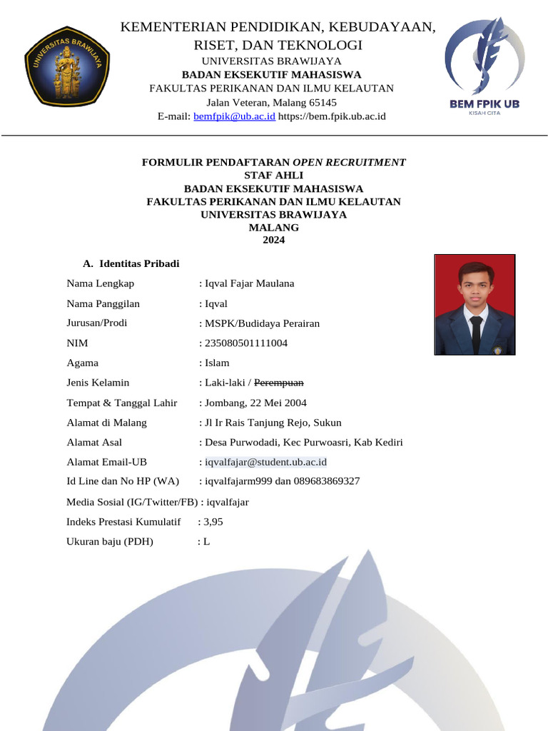 IQVAL FAJAR MAULANA_FORMULIR PENDAFTARAN STAF AHLI BEM FPIK UB | PDF IQVAL FAJAR MAULANA_FORMULIR PENDAFTARAN STAF AHLI BEM FPIK UB | PDF