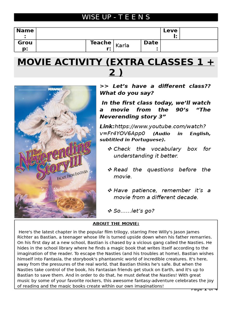 Movie Activity (Extra Classes 1 + 2) : Wiseup-Teens | PDF
