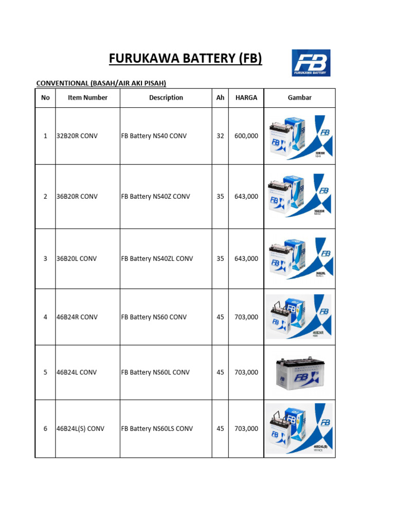 List Harga Aki FB (Conventional) | PDF | Science & Mathematics
