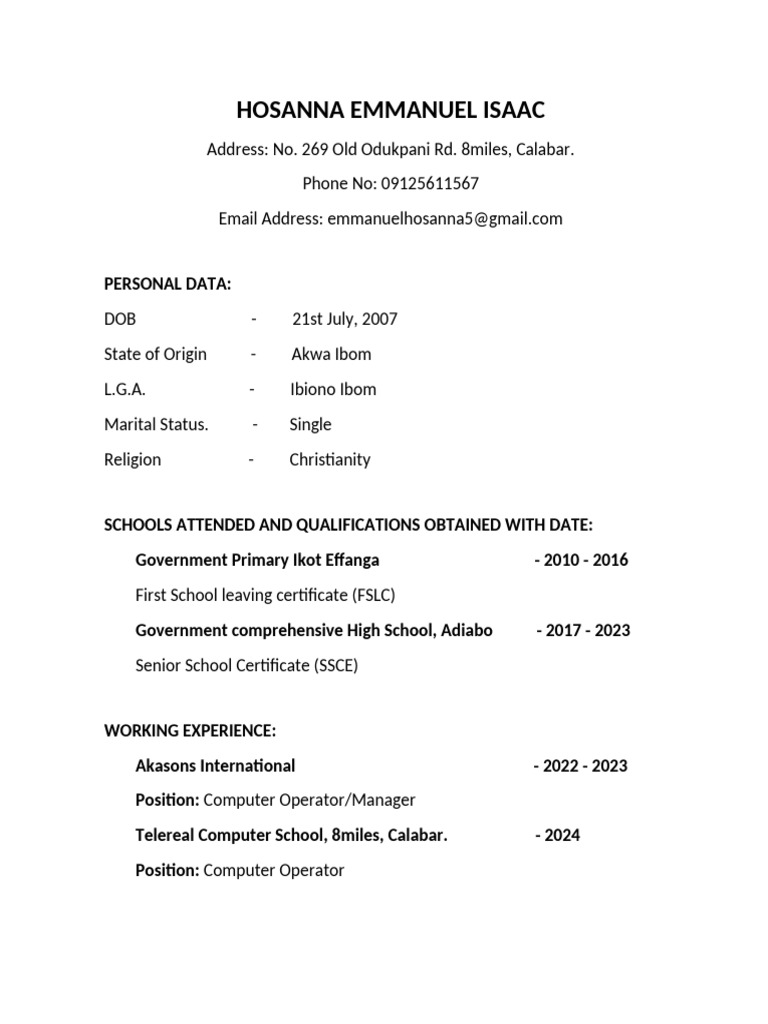 Resume of Hosanna Emmanuel Isaac | PDF