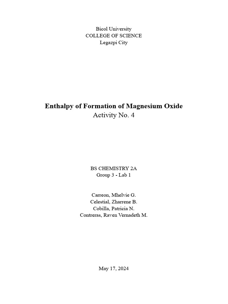 Lab 1 Group 3 - Enthalpy of Formation of Magnesium Oxide | PDF
