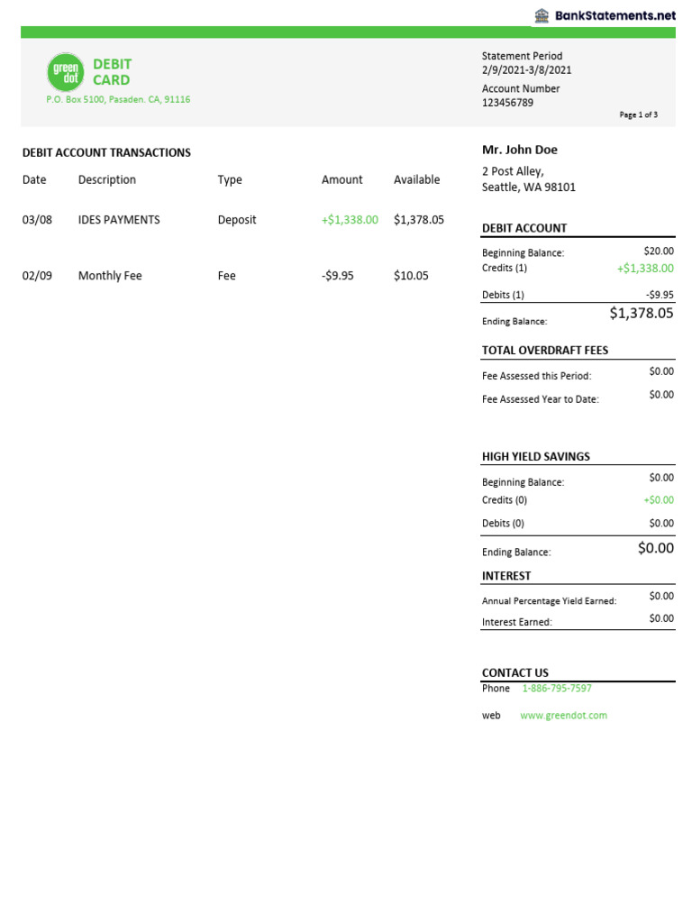 Green Dot Bank Statement | PDF