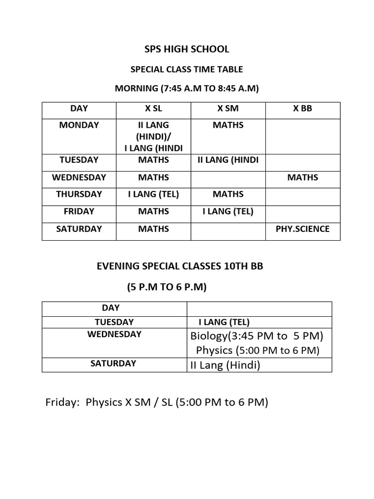 10th Special Classes Time Table | PDF