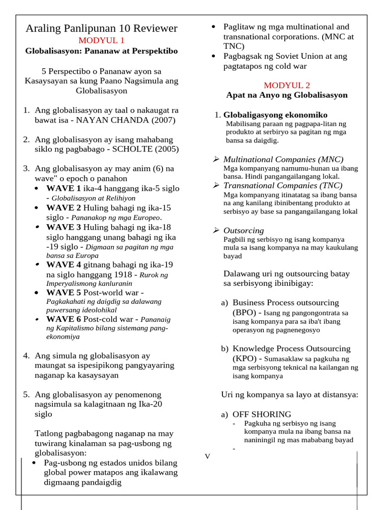 Araling Panlipunan 10 Reviewer | PDF
