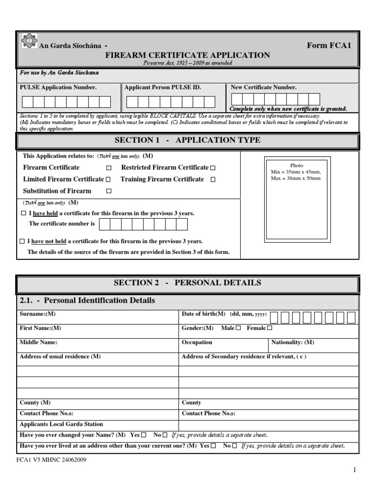 Form FCA1 | PDF | Identity Document | Firearms