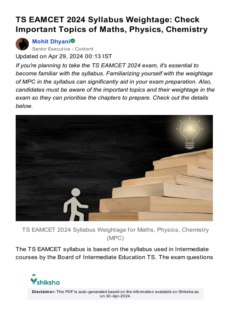 TS EAMCET 2024 Syllabus Weightage: Check Important Topics of Maths, Physics, Chemistry | PDF
