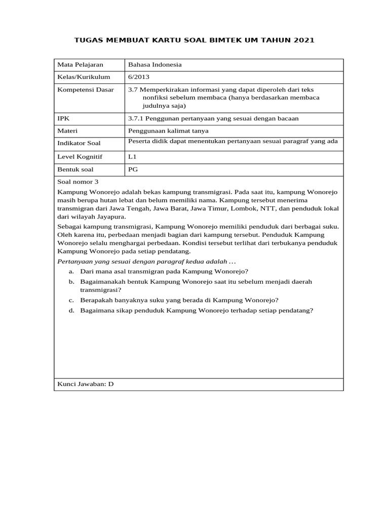 Tugas Membuat Kartu Soal Bimtek Um Tahun 2021 Bina | PDF
