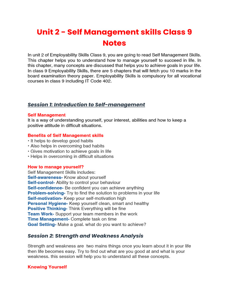 Self Managemanet Skill Notes Class 9 | PDF | Hygiene | Self-Improvement