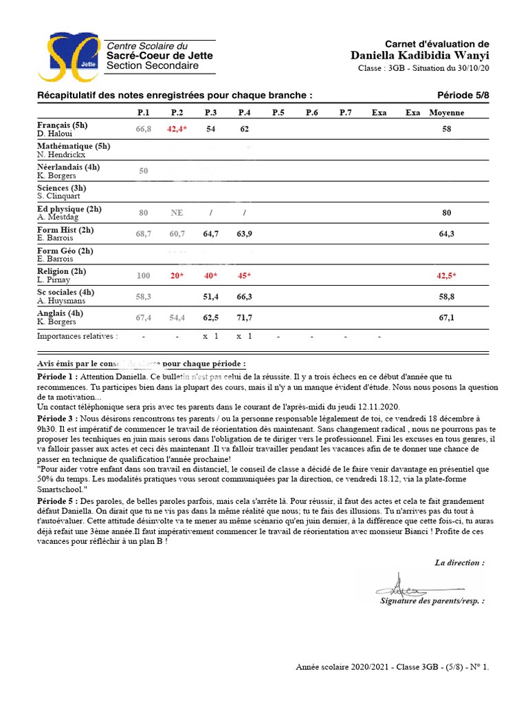 Bulletin 3e Secondaire | PDF
