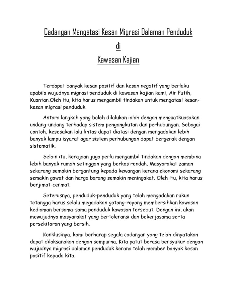 Cadangan Mengatasi Kesan Migrasi Dalaman Penduduk | PDF