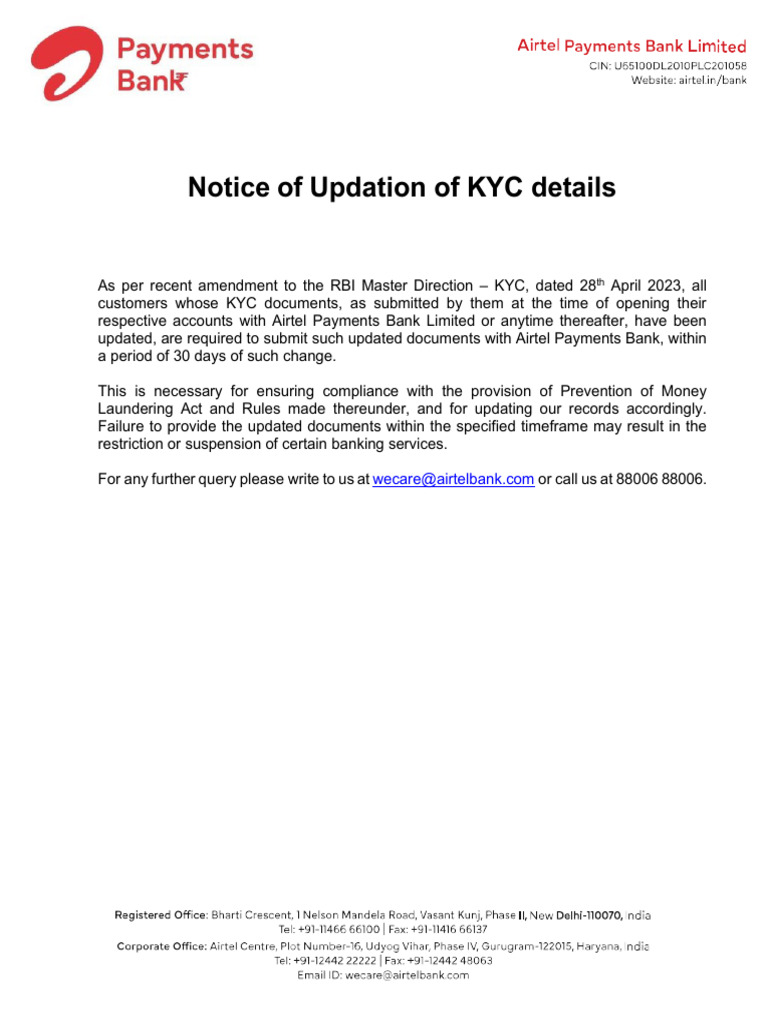 KYC Update Notice for Airtel Customers | PDF