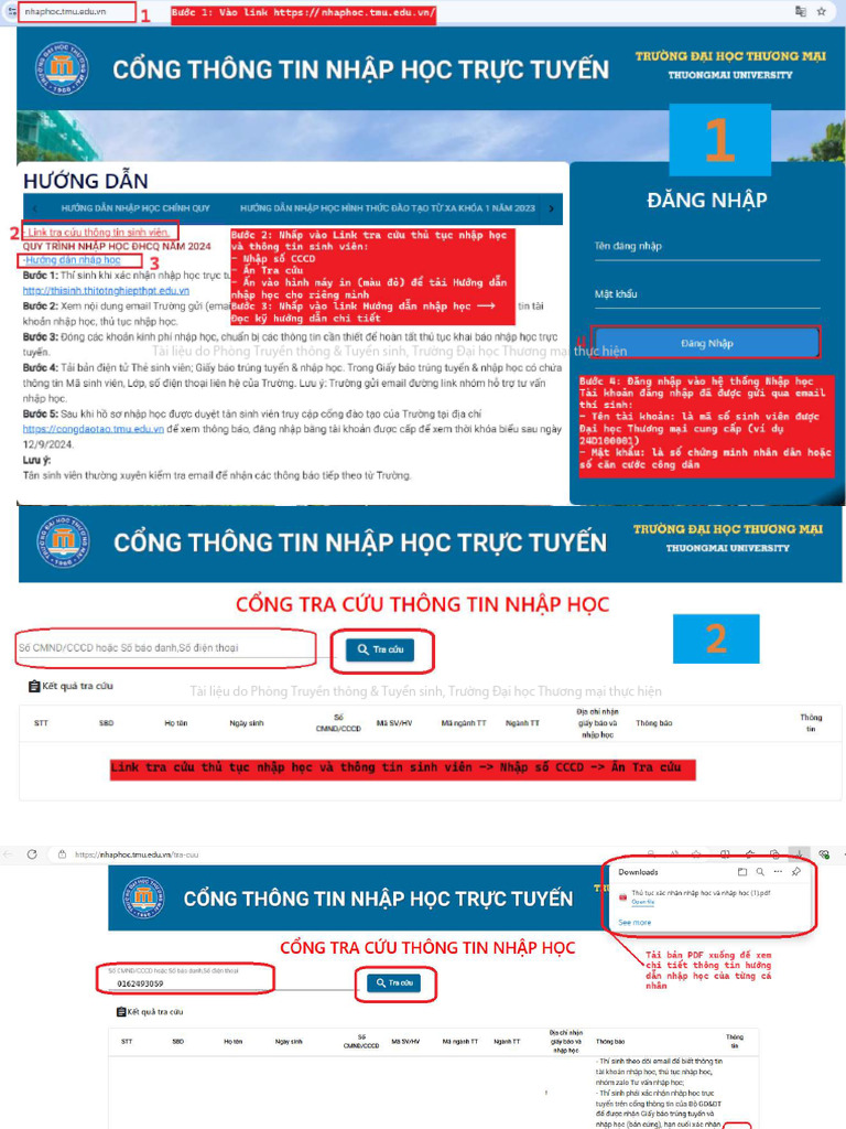 HD NHẬP HỌC TRÊN CỔNG NHẬP HỌC CỦA TMU | PDF
