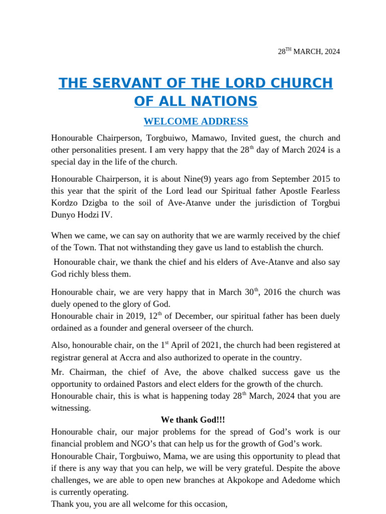 Church Welcome Address | PDF