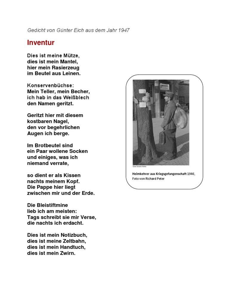 Inventur - Gedicht Von Günter Eich (1947) | PDF