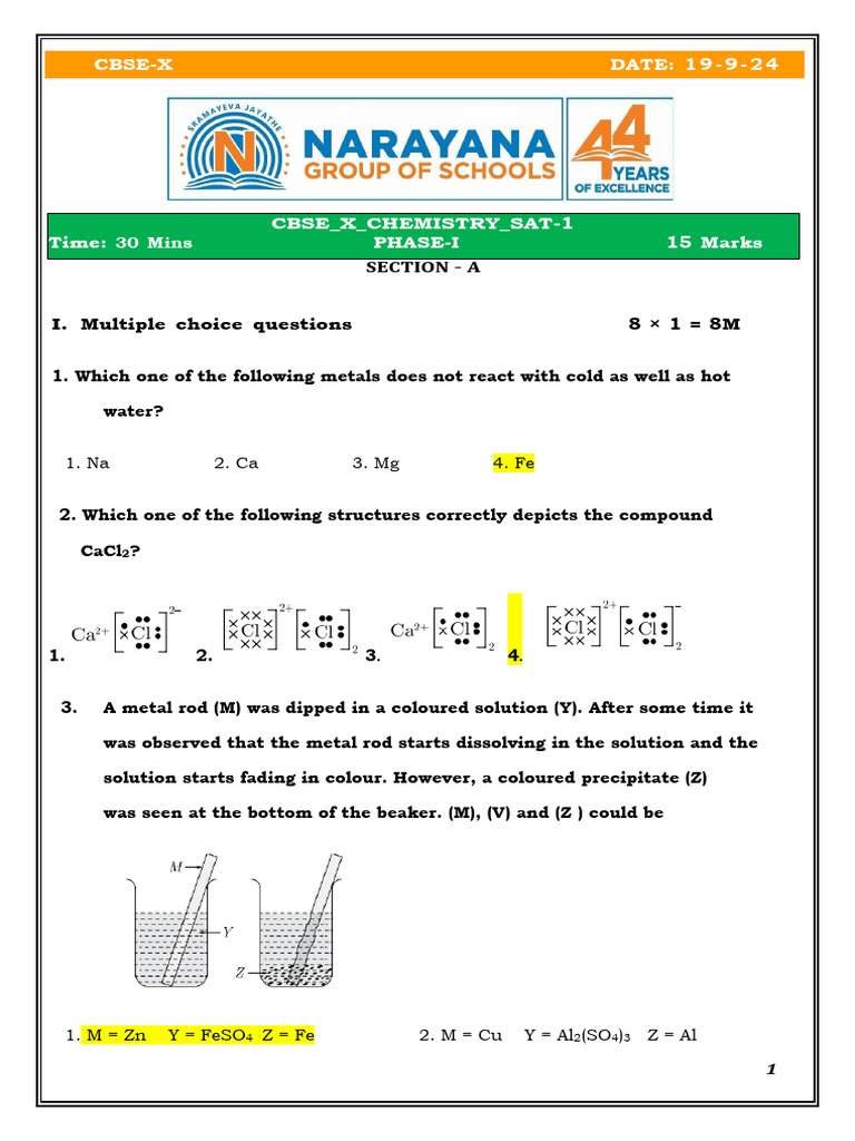Cbse - X - Che - Skill Assessment-Key 19-09-24 | PDF