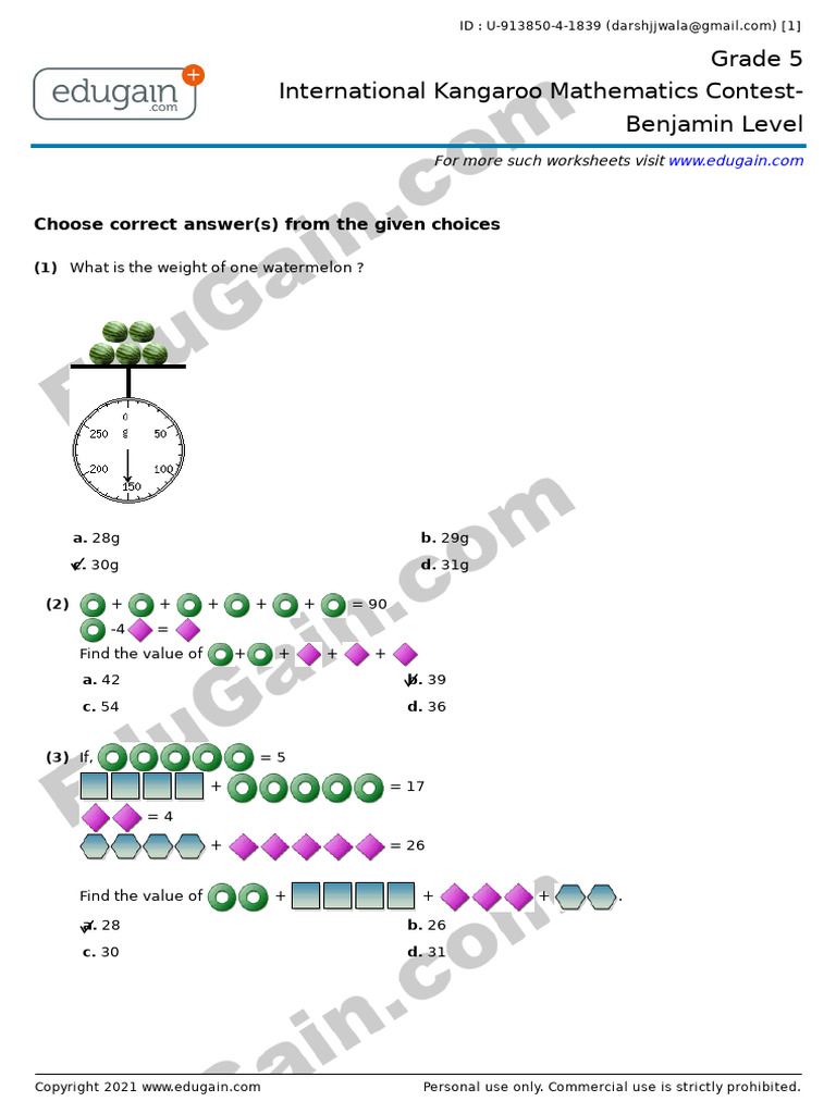 Grade 5 Kangaroo Benjamin Pk 6 | PDF