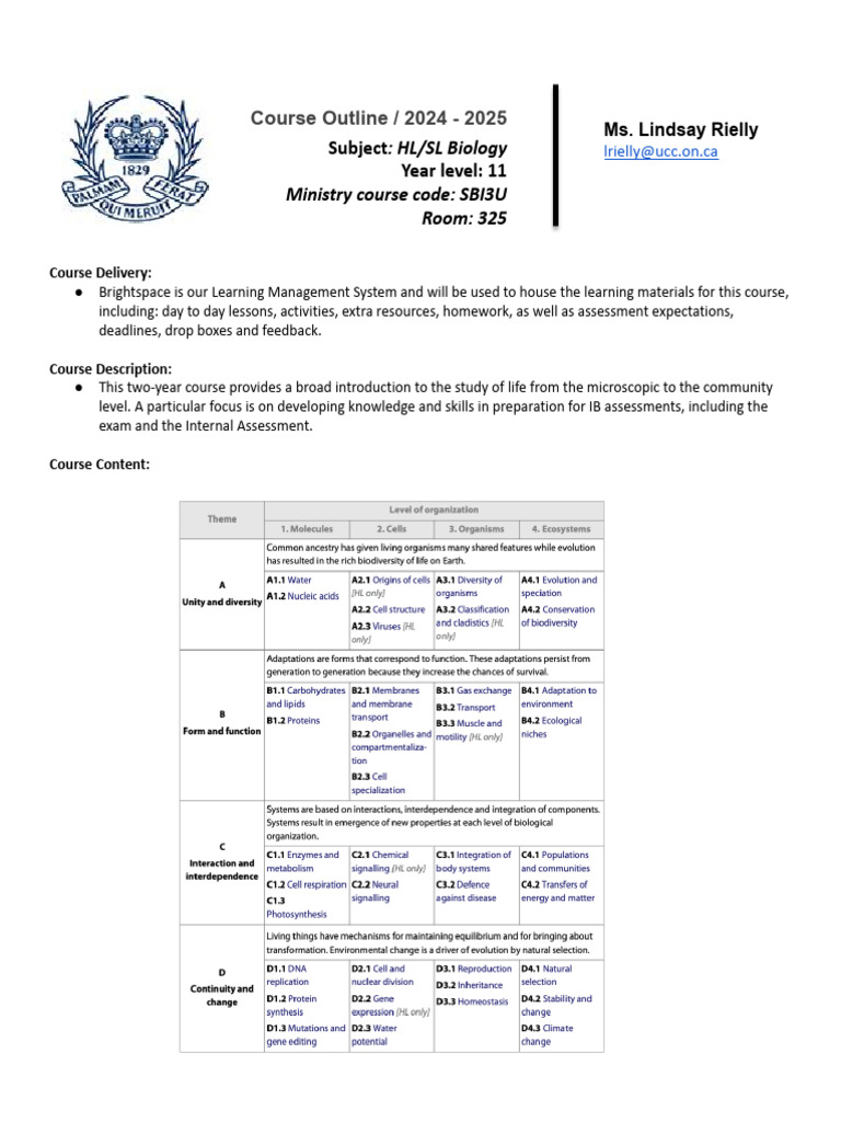 Y11 HL_SL DP Biology Course Outline 2024-2025 | PDF
