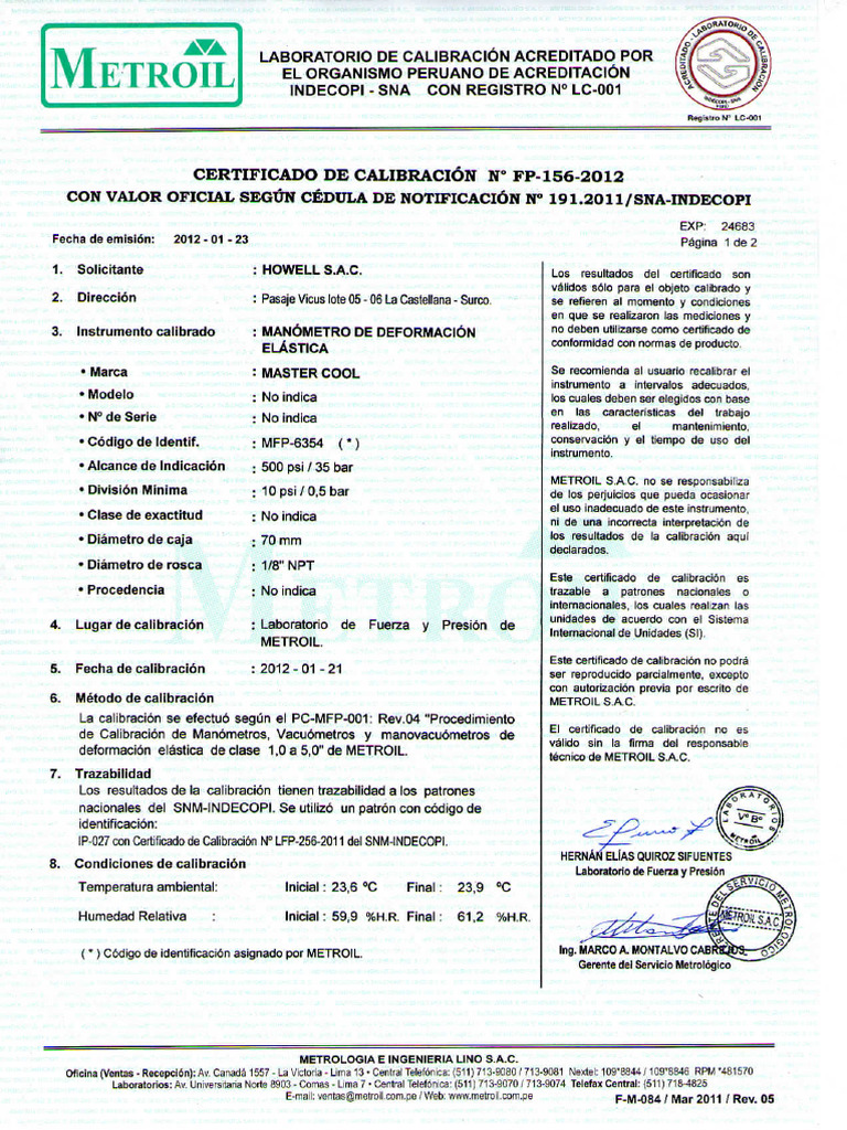8.4 Certificado de Calibracion MANOMETRO MFP-6354 | PDF