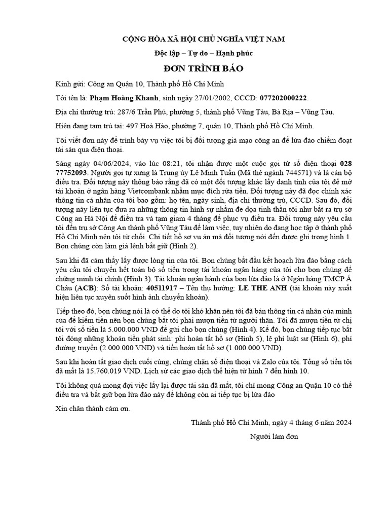 Đơn Trình Báo: Cộng Hòa Xã Hội Chủ Nghĩa Việt Nam Độc lập - Tự do - Hạnh phúc | PDF