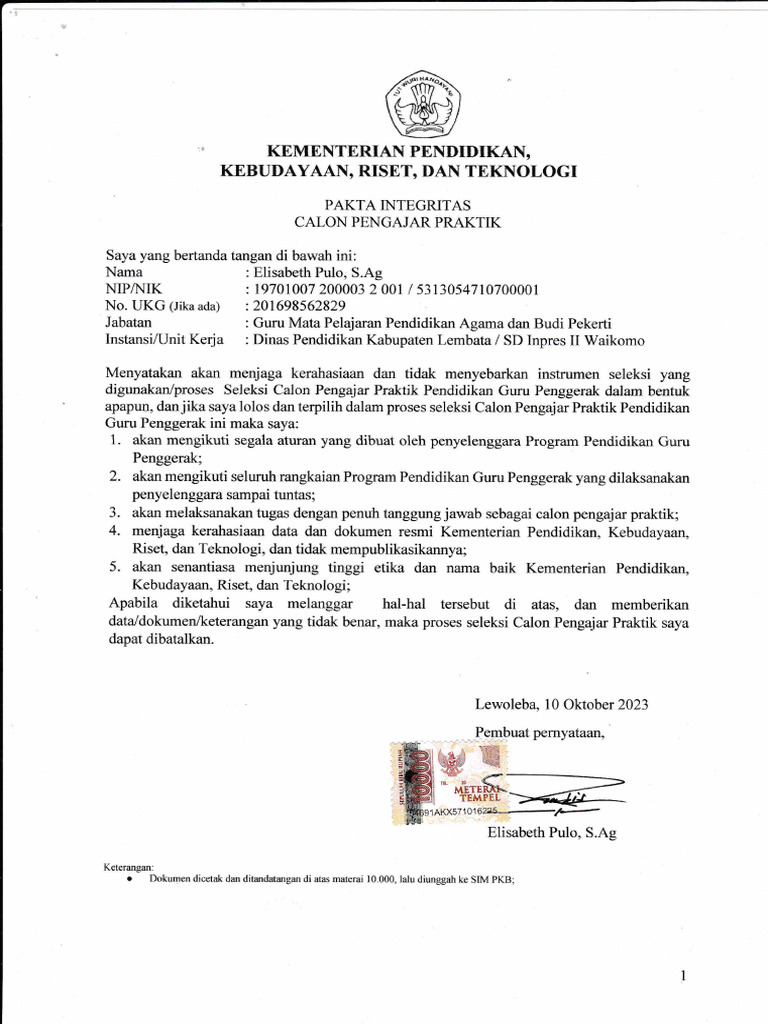 Pakta Integritas CPP A11 - Elisabeth Pulo | PDF