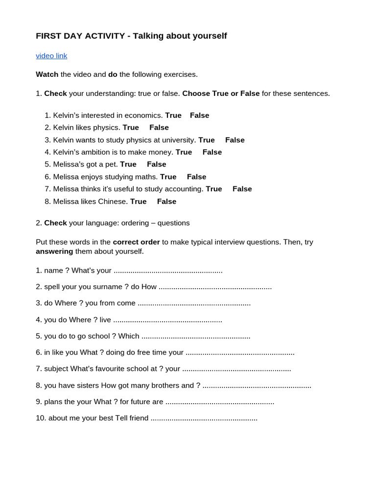 Talking about yourself-video comprehension | PDF