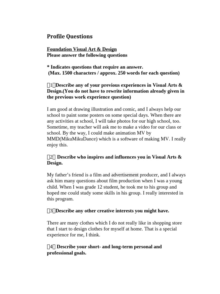 Profile Queations示例-H2 | PDF | Career & Growth | Art