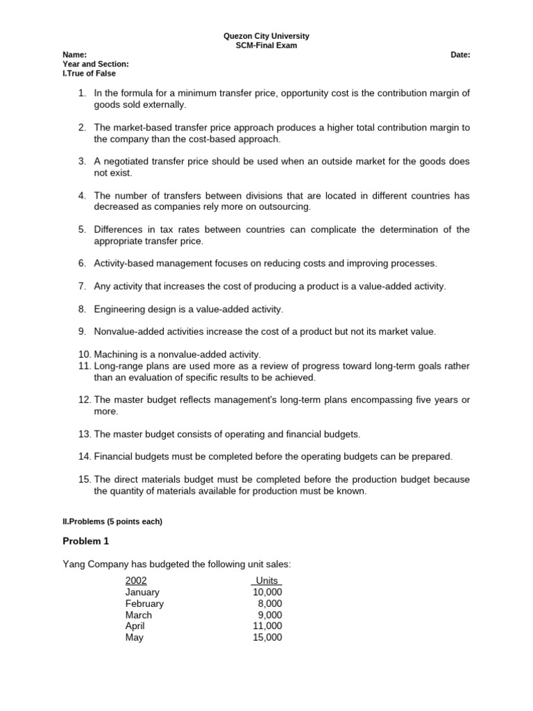 SCM Final Exam Questionnaire Set 2 | PDF | Prices | Business
