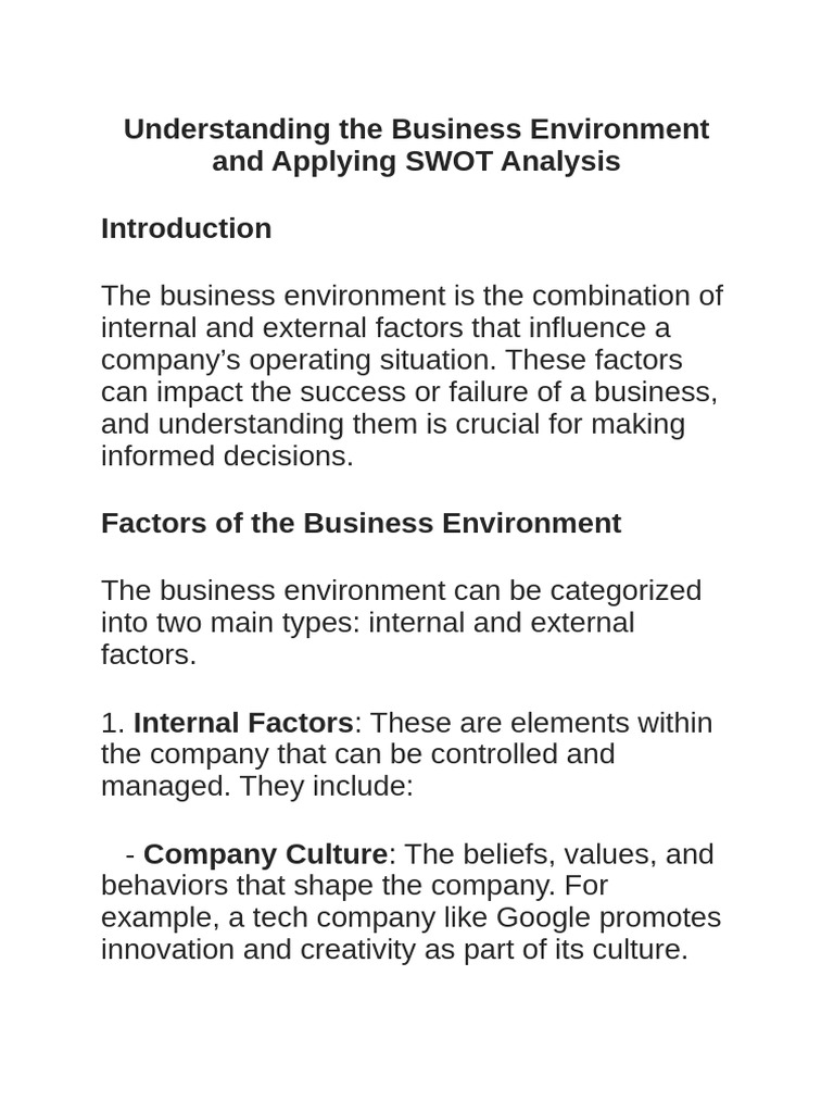 Understanding The Business Environment and Applying SWOT Analysis | PDF ...