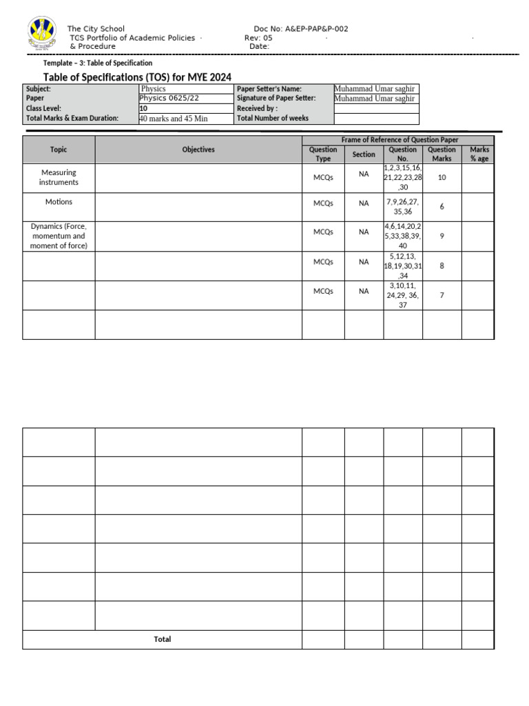 Sample TOS For O Level & IGCSE | PDF | Physical Sciences | Physical ...