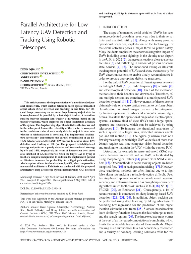 Parallel Architecture For Low Latency UAV Detection and Tracking Using Robotic Telescopes | PDF
